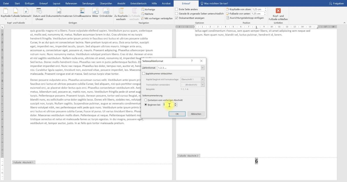 Seitenzahlen ab Seite 6 mit 1 beginnen – Word-Tutorial